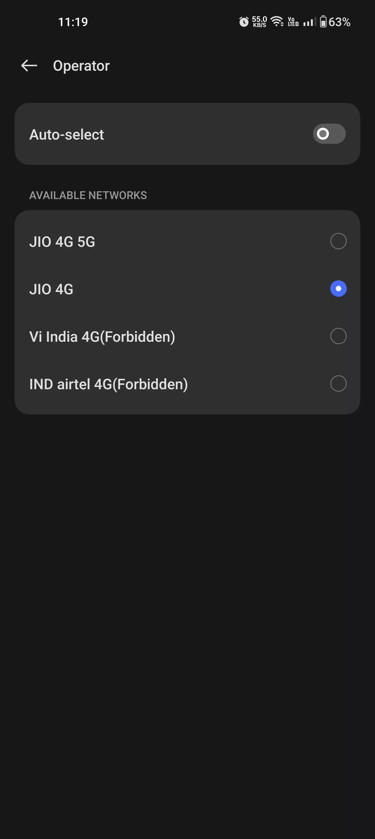 Not able to select JIO 5g network
