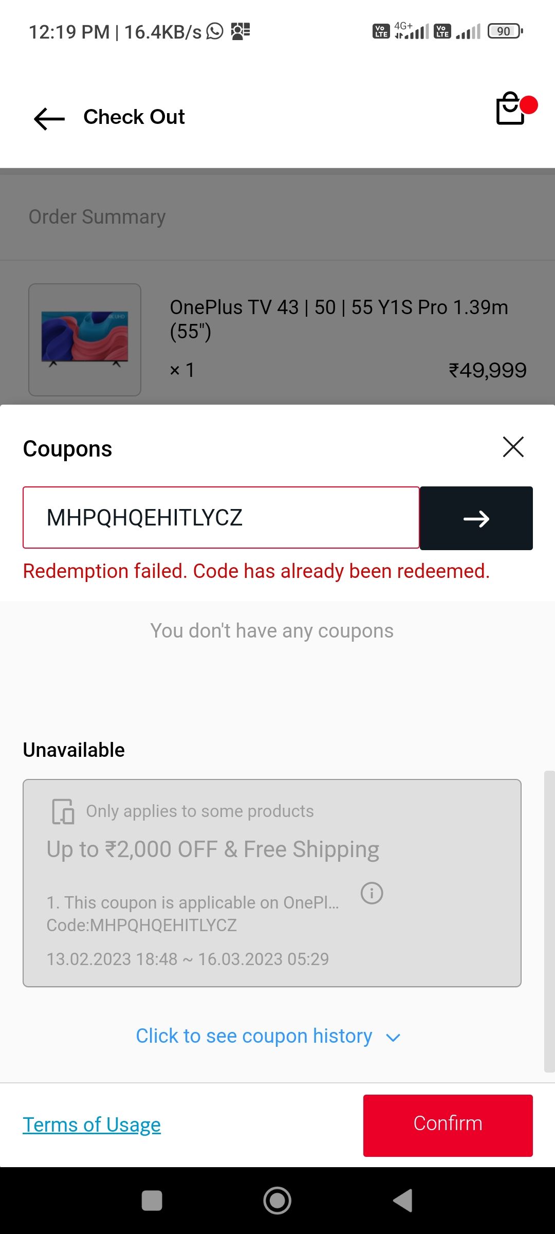 Unable to use the coupon while ordering the tv