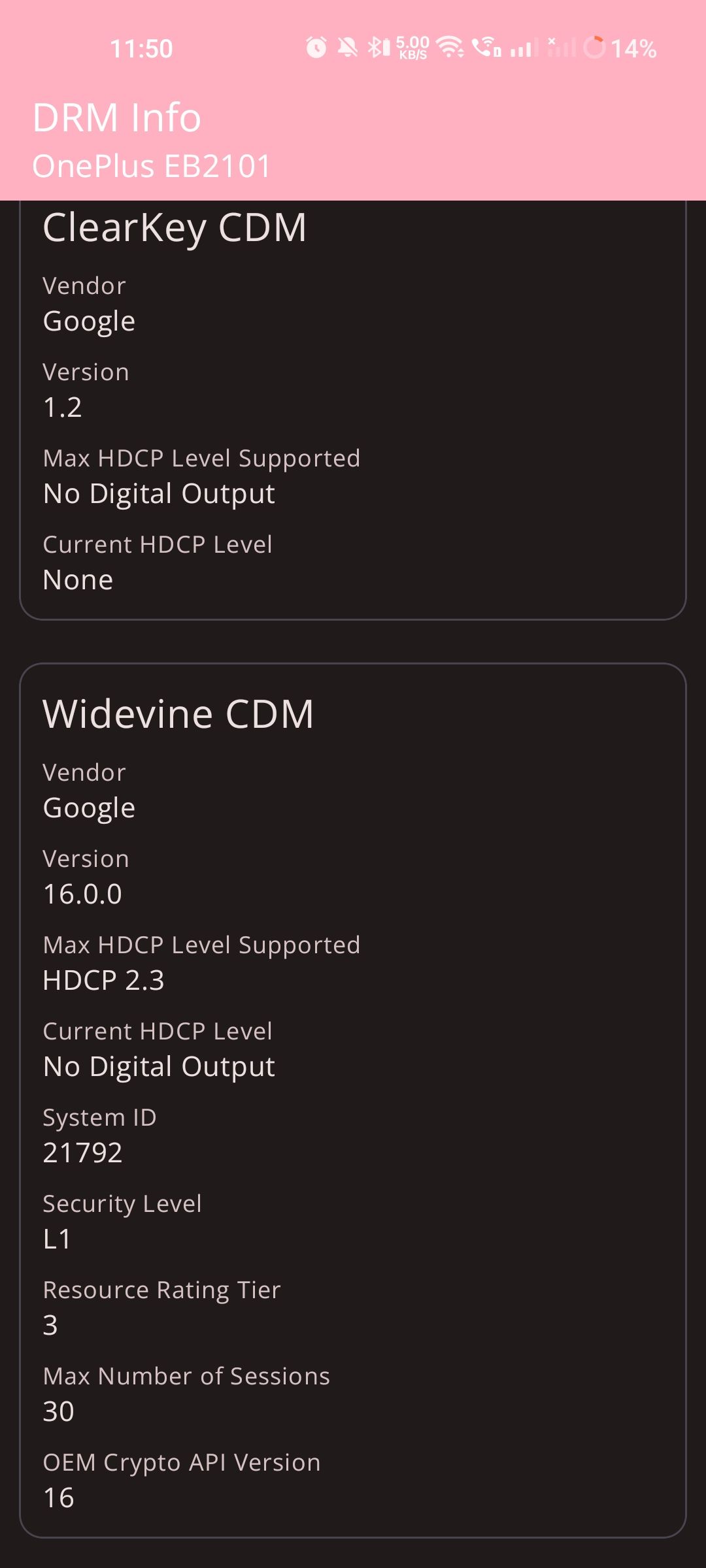 ONEPLUS NORD CE 5G showing Security Level: L1 in DRM info Application ...
