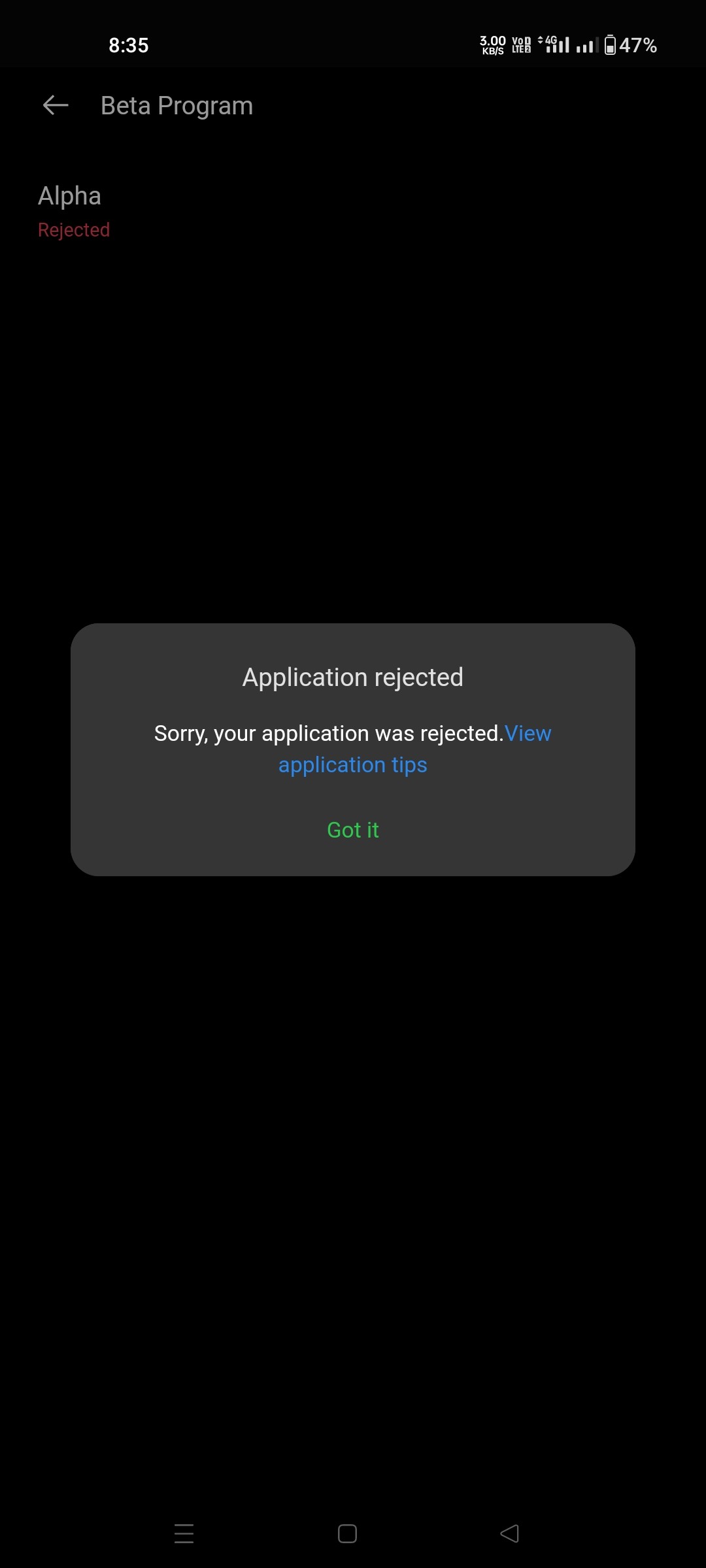 Y my beta application was rejected