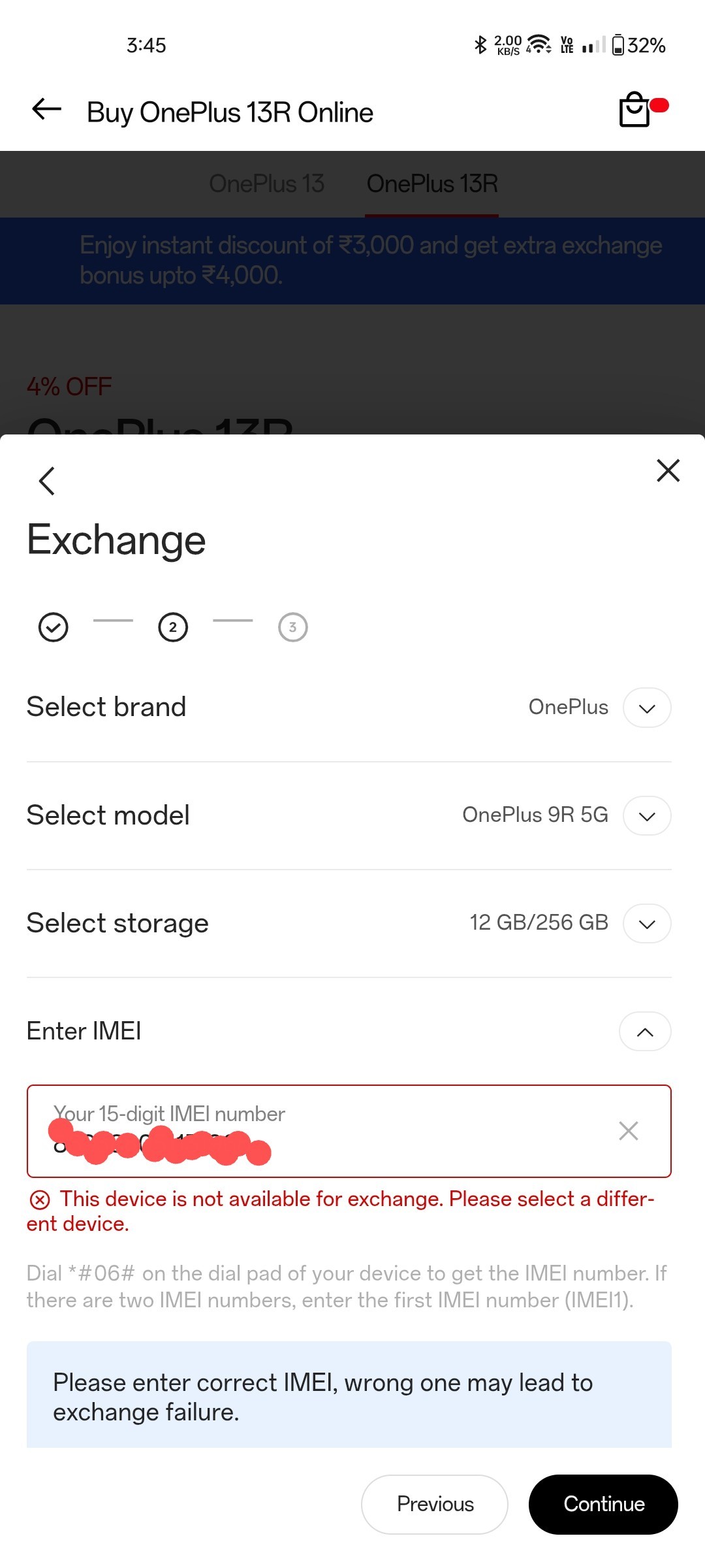 My Oneplus 9R shoes up as "device not available for exchange"
