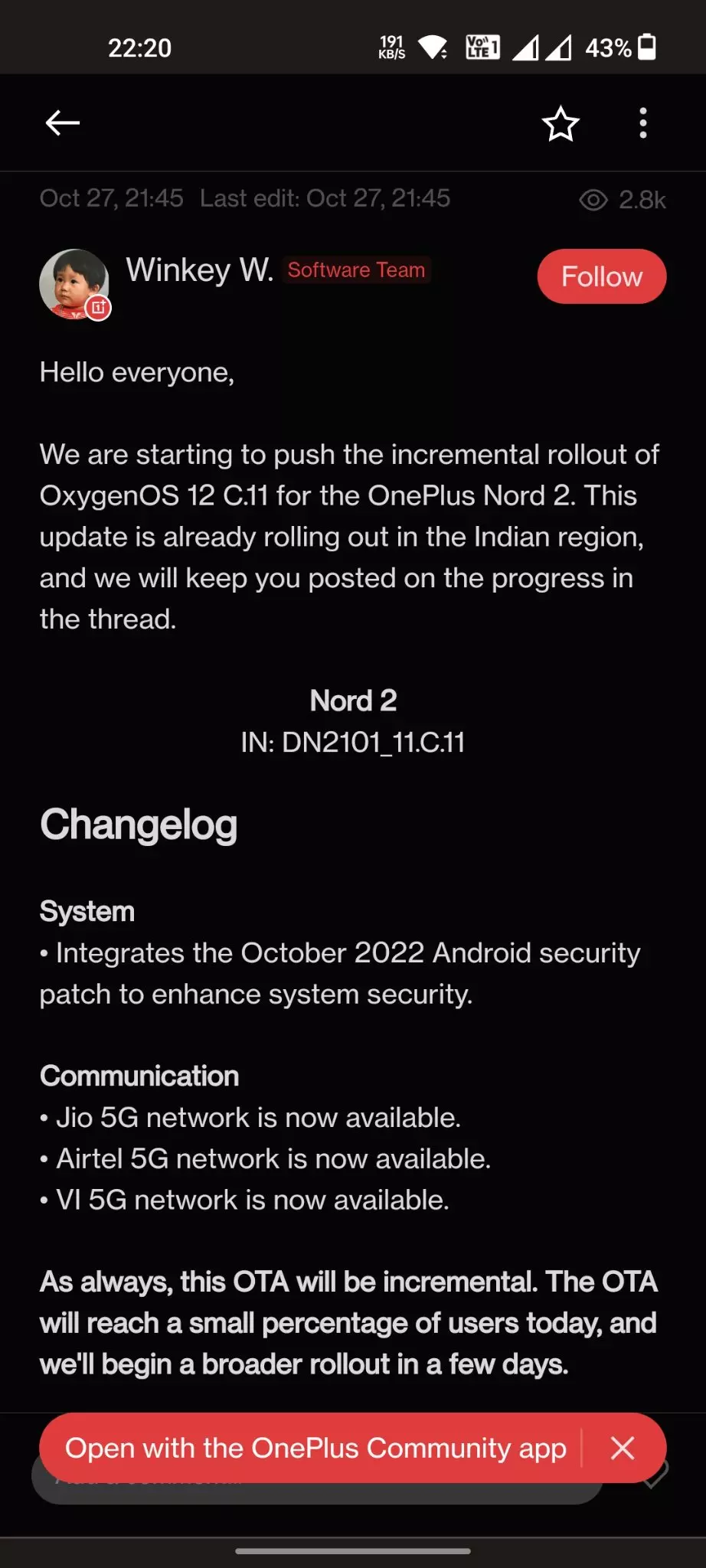 @Winkey W. You have rolled out new update for OnePlus Nord 2